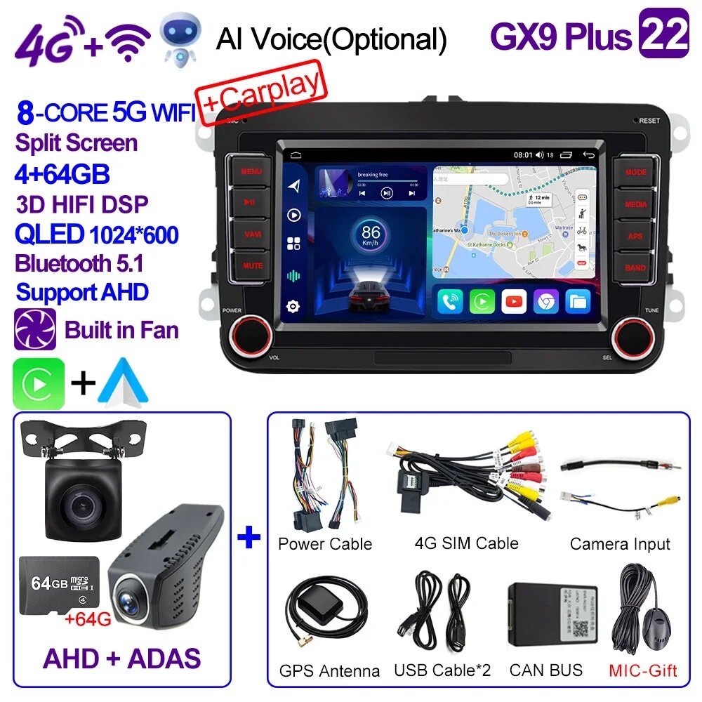 CAIXI 2 Din Android автомобильный радиоприемник мультимедийный Carplay авто gps GX9Plus(4-64)CAM-DVR