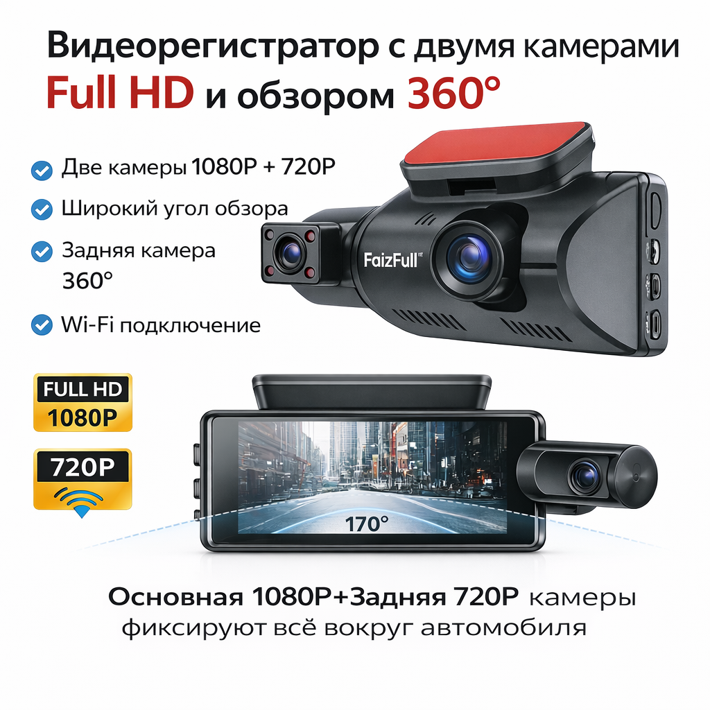 Автомобильный видеорегистратор "Full HD", с двумя камерами, Wi-Fi