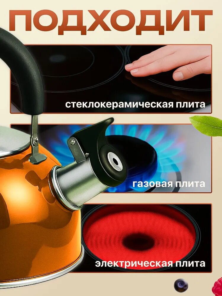 Чайник Perfecto Linea Holiday 3 л оранжевый из нержавеющей стали со свистком для газовых, индукционных и электрических плит — фото 1