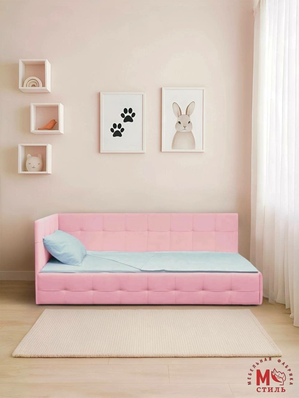 Кровать детская М-Стиль " Банни" 200х90 см, нежно-розовая, с ортопедическим основанием и ящиками для хранения