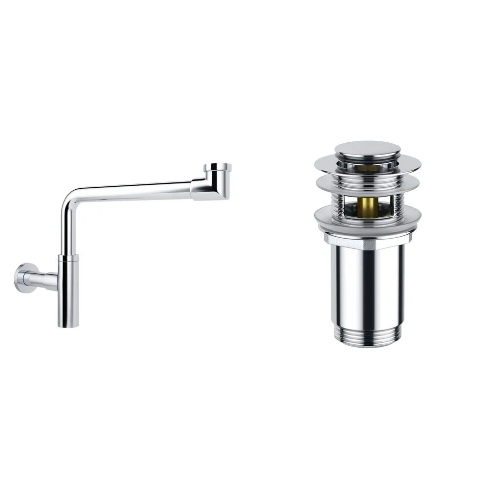 Сифон для раковины с донным клапаном Wellsee Drainage System 182124001 в наборе 2 в 1: металлический сифон для раковины, донный клапан с переливом click-clack (цвет набора хром)