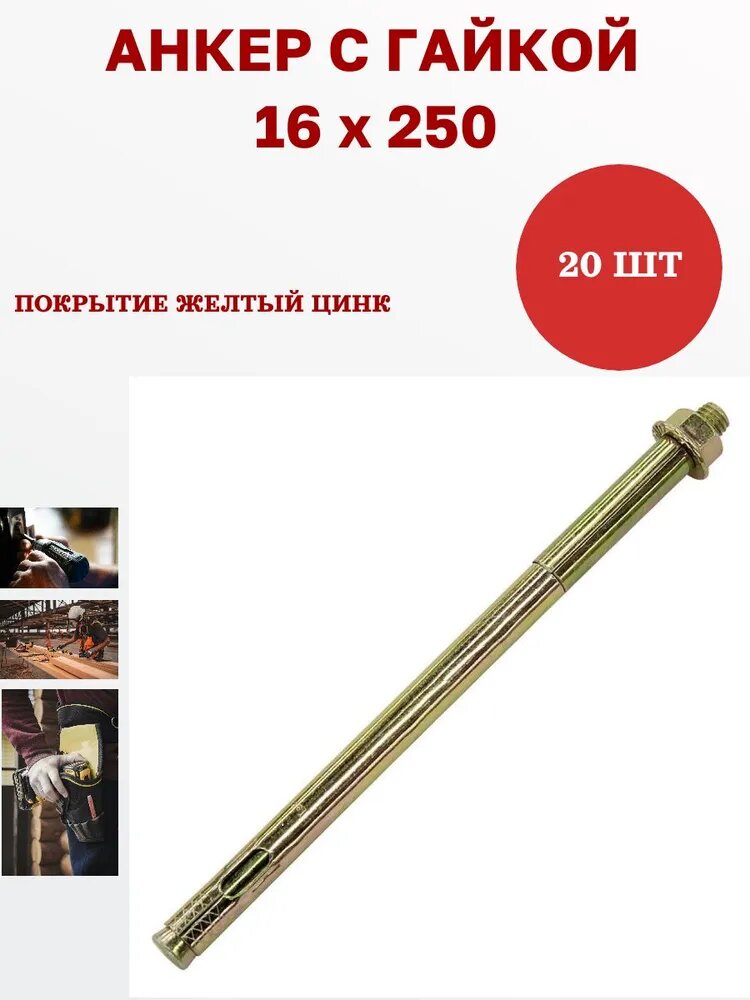 Анкер Анкерный болт с гайкой 16 х 250 мм, 20 штук