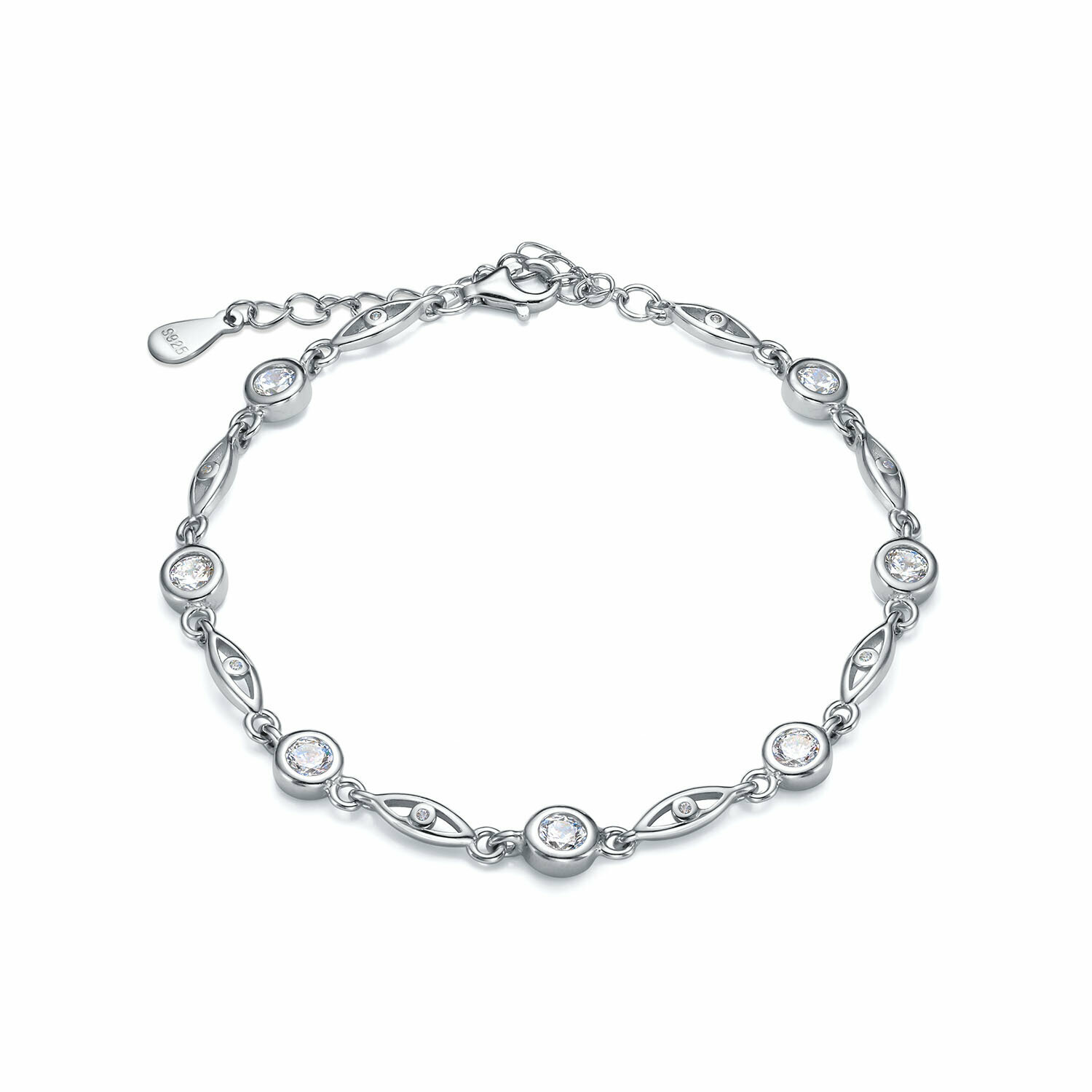 Браслет-цепочка, серебро, 925 проба, родирование, фианит