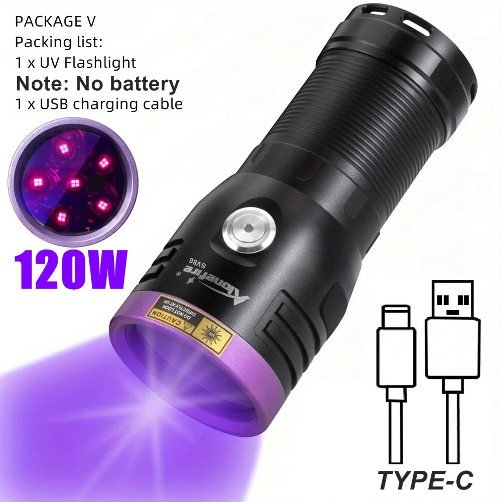 120 Вт 6x Светодиодный УФ-фонарик высокой мощности нм с USB-зарядкой