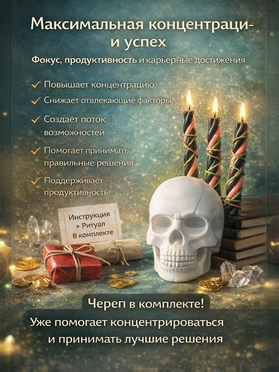 Череп оберег+ Магические Свечи 3шт на Карьеру, Фокус и Продуктивность