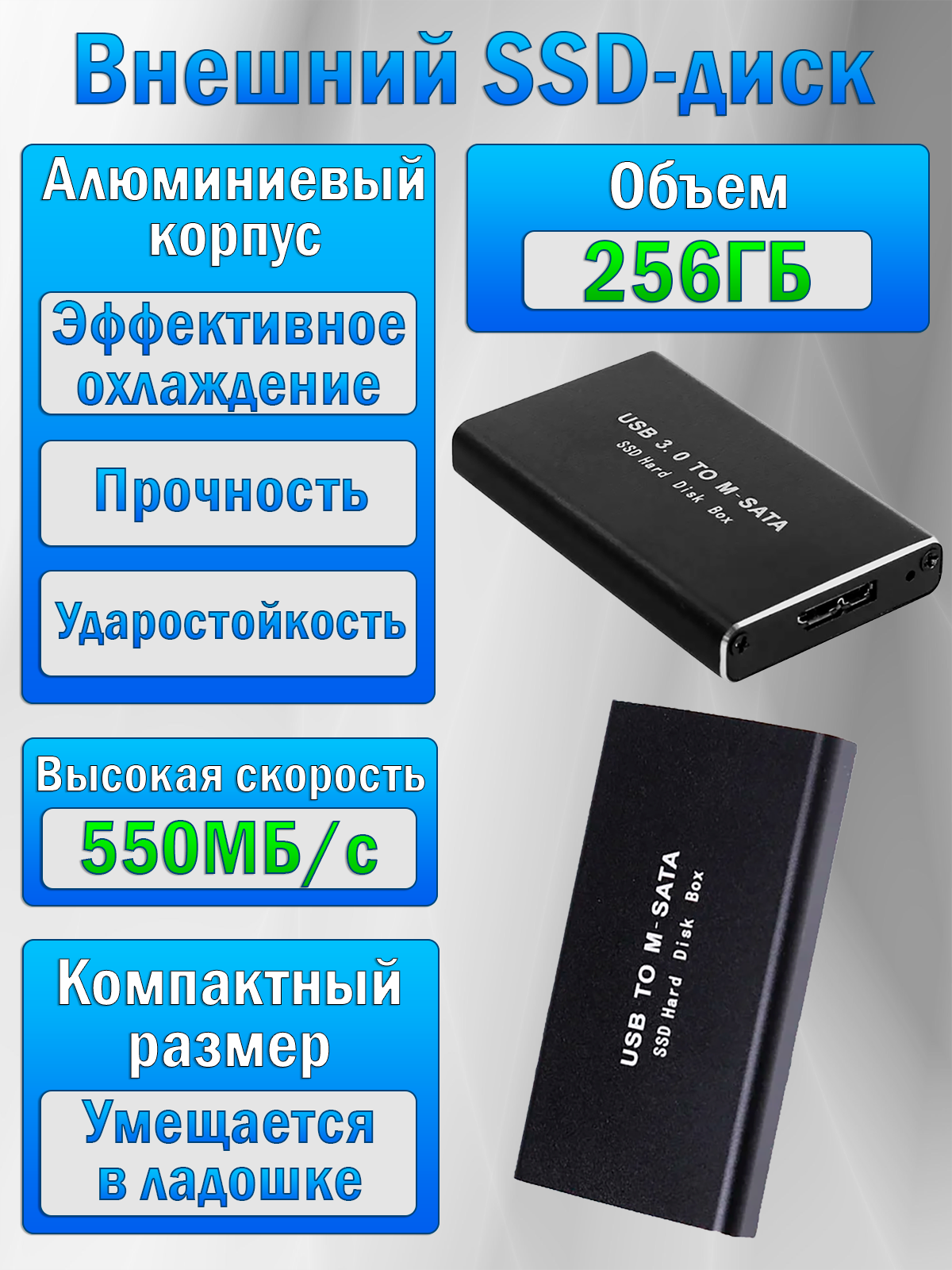 Внешний SSD-диск, емкость 256GB, прочный алюминиевый корпус, компактный размер, черный цвет