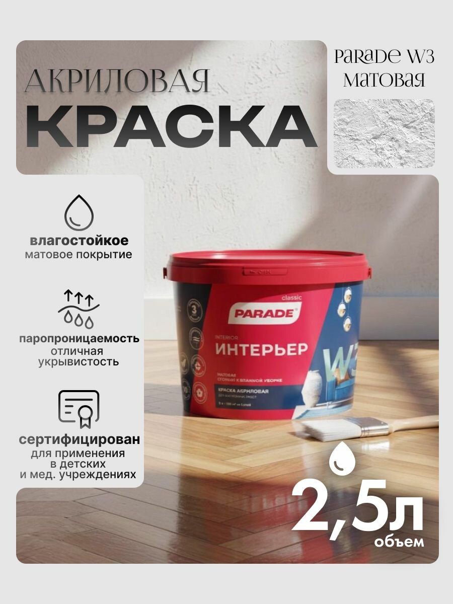 Краска акриловая PARADE W3 Интерьер белая матовая 2,5л