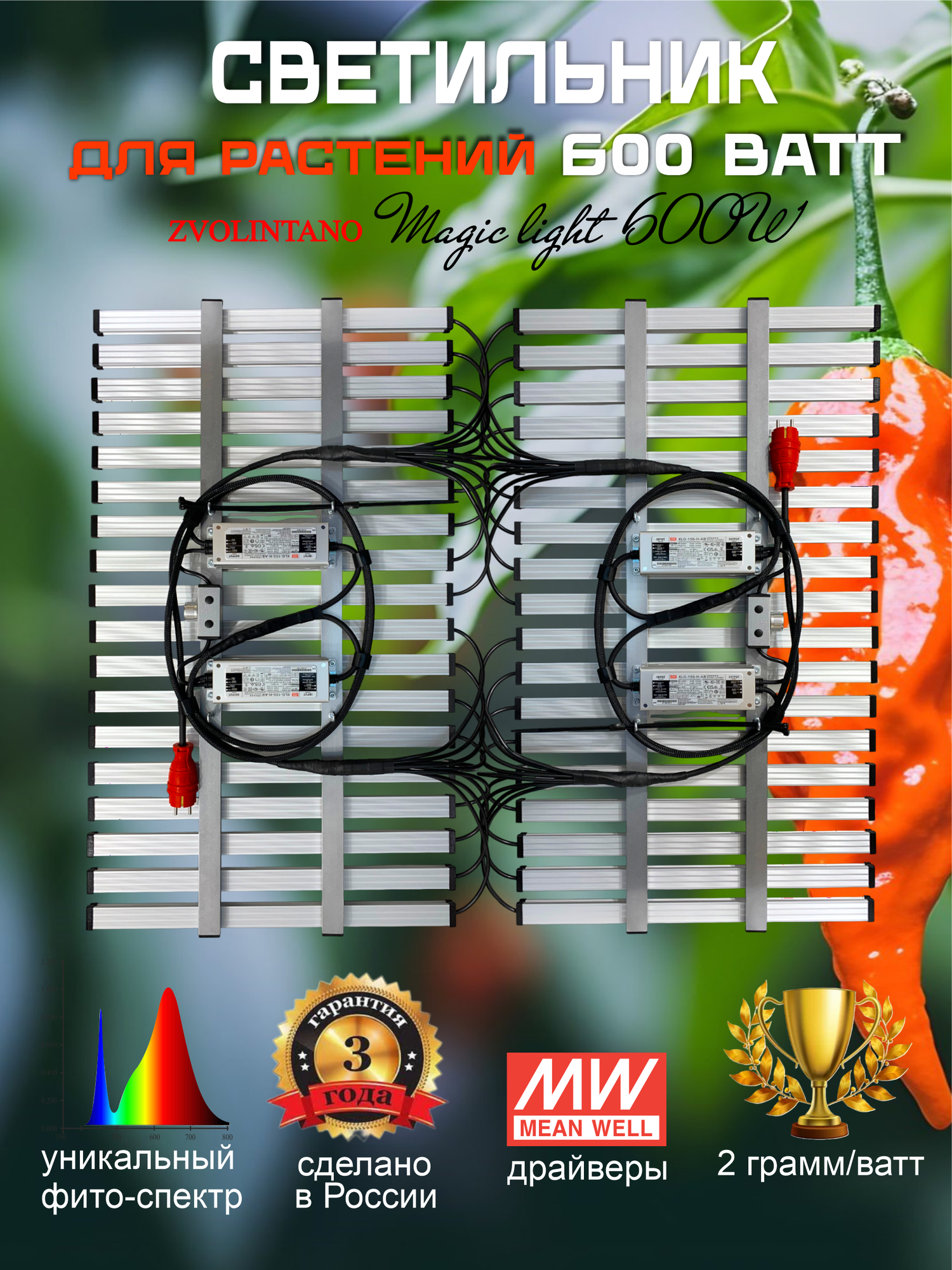 Квантум борд 600 ватт / Светильник для растений 600 ватт Полный спектр, ZVOLINTANO Magic light 600W