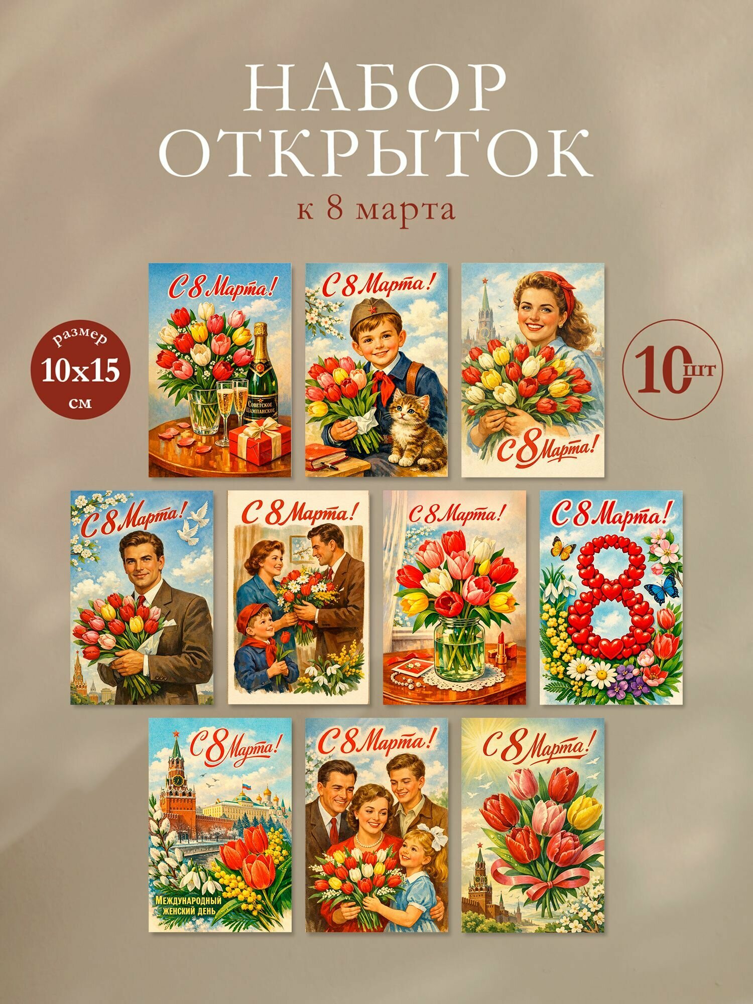 Открытки 8 марта, 10 шт