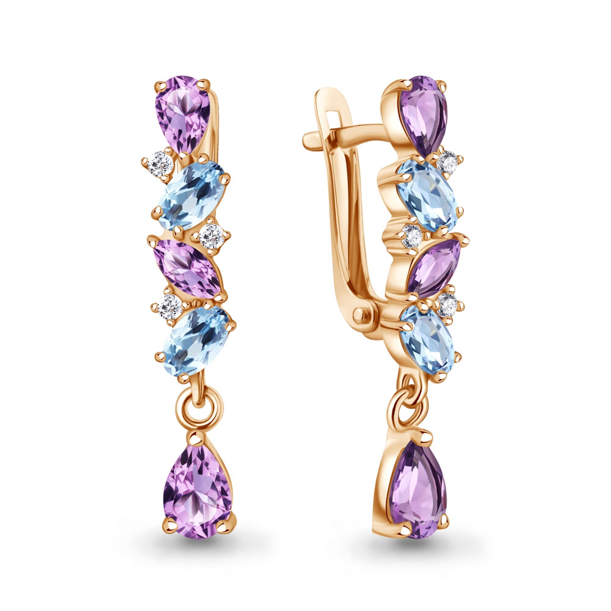 Серьги, серебро, 925 проба, золочение, фианит, топаз, аметист