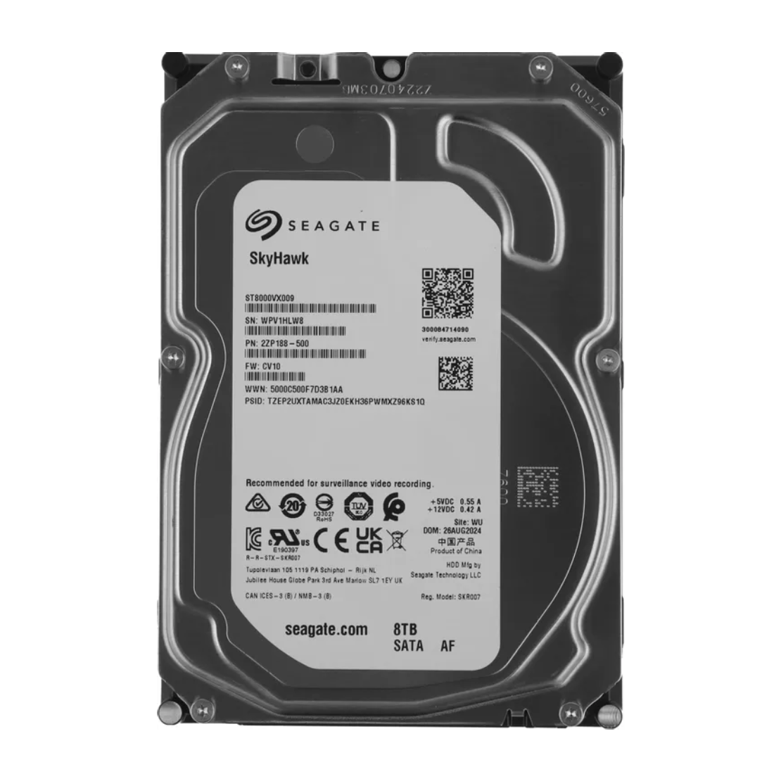 Жесткий диск Seagate SkyHawk Surveillance ST8000VX009, 8Tb, 5400 об/мин, буфер 256 МБ, серебристый
