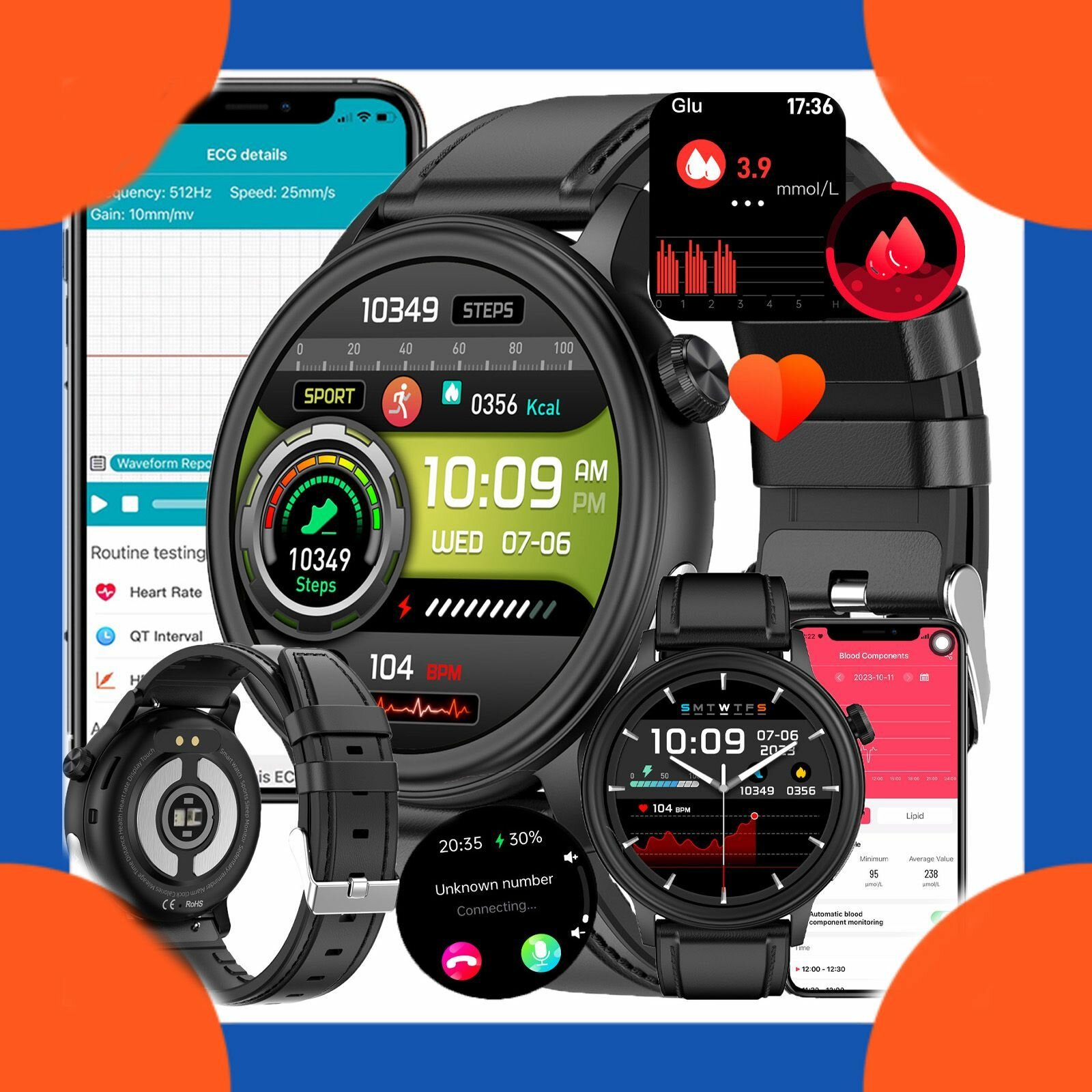 Браслет для диабетика Смарт-часы С Глюкозой В Крови Мониторинг ЭКГ Кровяное Давление, Температура Тела, IP67, Водонепроницаемый спортивны й фитнес браслет, коричневый