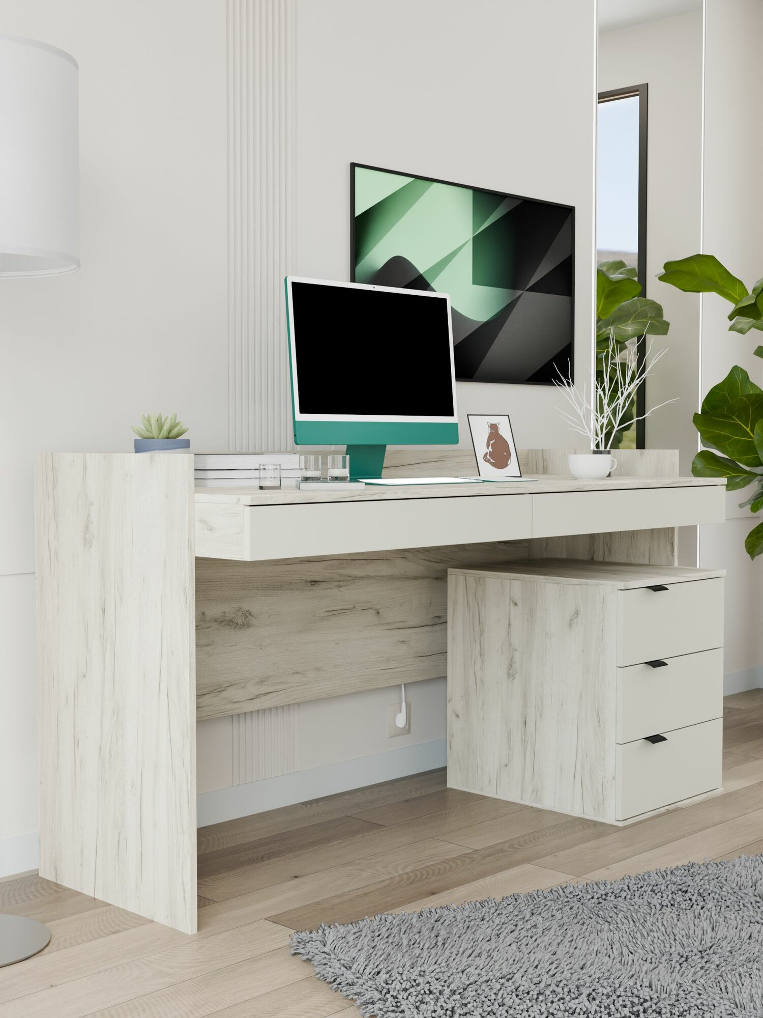 Изумлит Стол компьютерный для офиса и дома Бастион 160х87х64.5 см, корпус+столешница-дуб крафт белый/фасад-бежевый