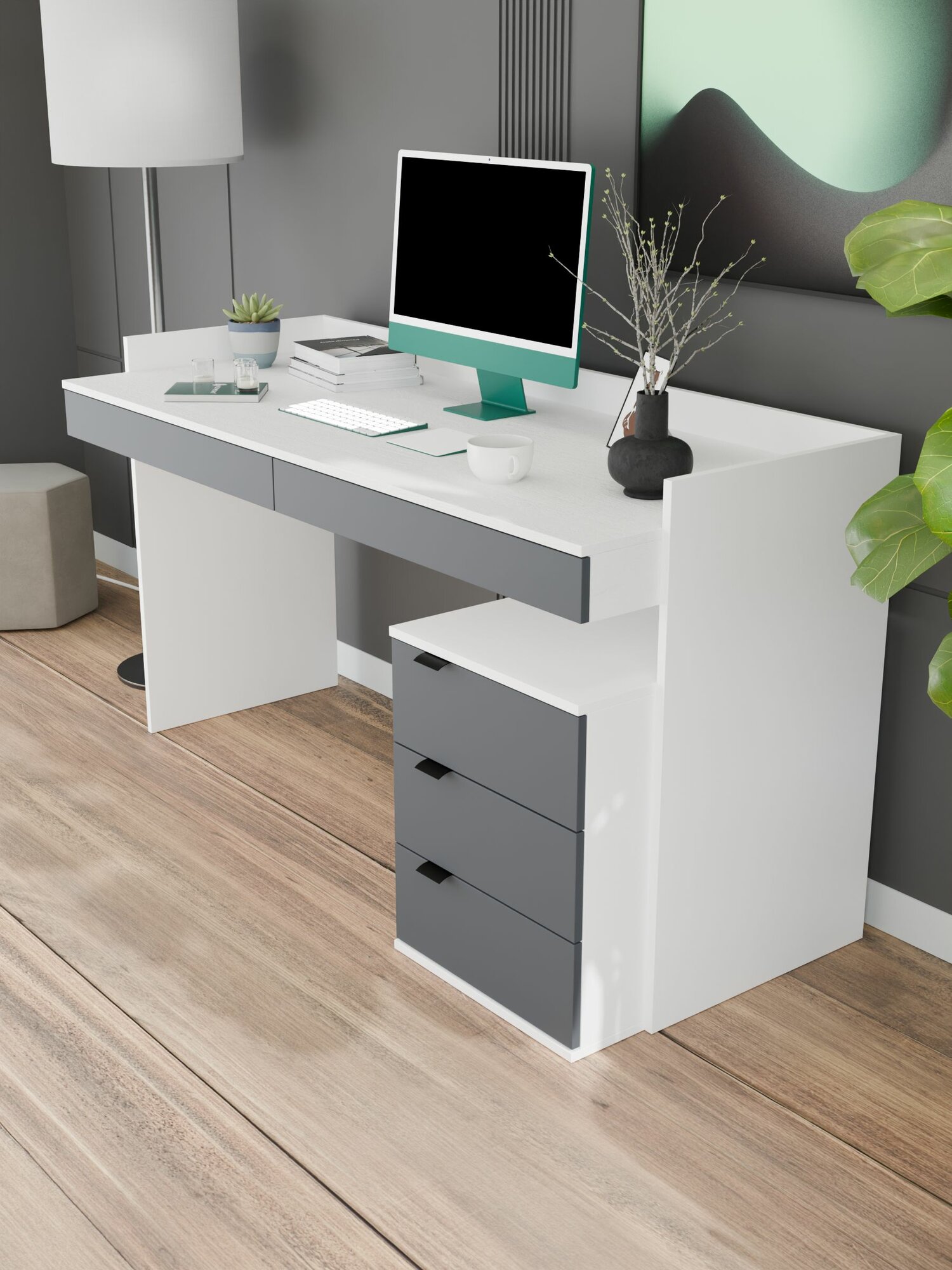 Стол компьютерный для офиса и дома Бастион 160х87х64.5 см, корпус+столешница белый/фасад графит