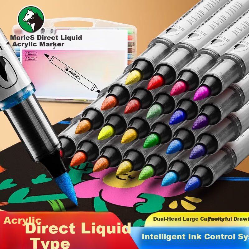 Marie's 12-Color Dual Tip Acrylic Marker Set with Soft Tips for Drawing, Highlighting, DIY, Birthday Gift, in PP Gift Box