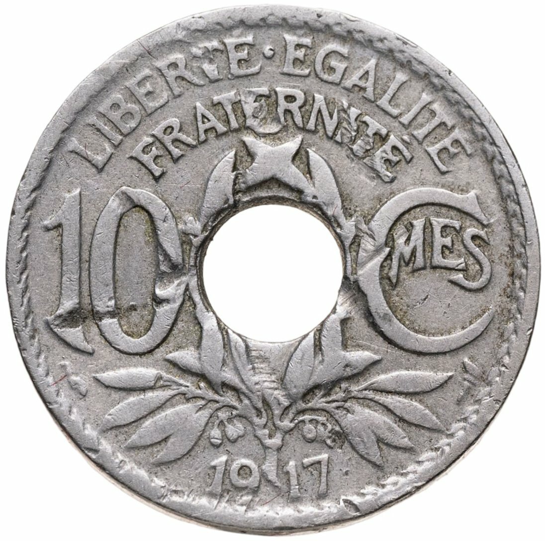 Франция 10 сантимов centimes 1917 Отверстие в центре, Мельхиор медь-никель, в сохранности VF