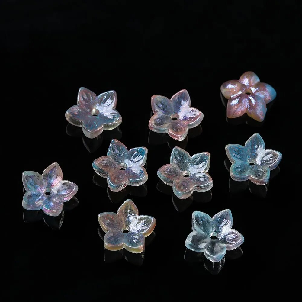 20 шт стеклянных цветочных бусинок из пяти лепестков (приблизительно 12*12,5 мм), цвет: синий-розовый-желтое