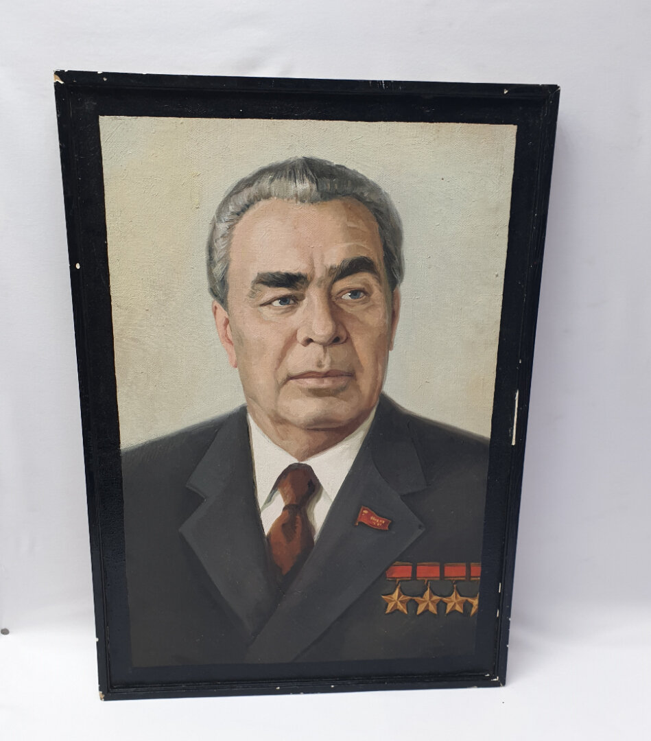 Винтажная картина Л. И. Брежнев, холст, масло, 47х67 см, следы времени СССР.