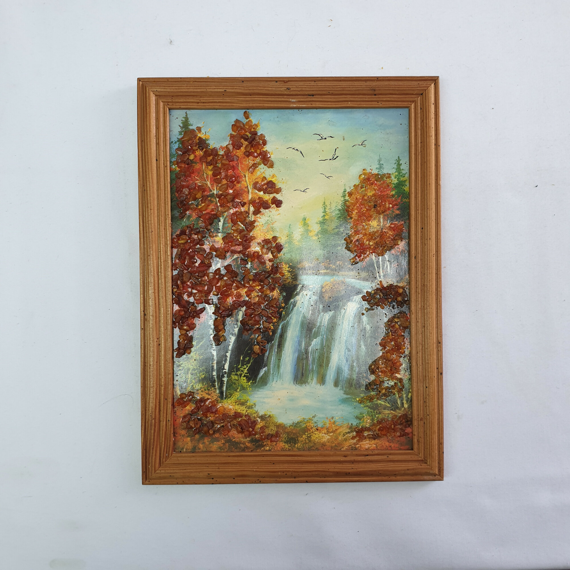 Винтажная картина из янтаря 17х23 см, Водопад (с янтарной крошкой), винтаж