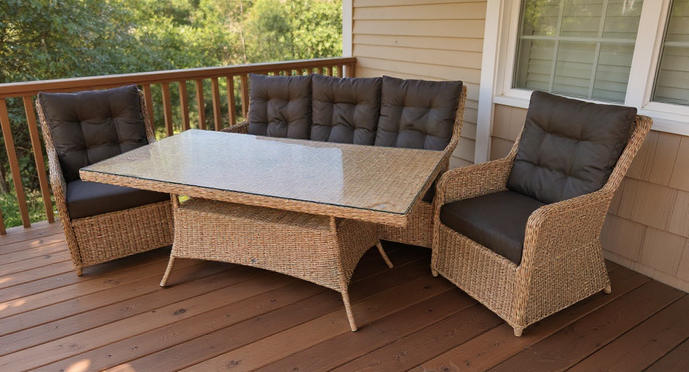 Комплект плетеной мебели из искусственного ротанга "Блигия" велес на 5 персон с подушками Стол+Диван+2 кресла (Шоколадное печенье)