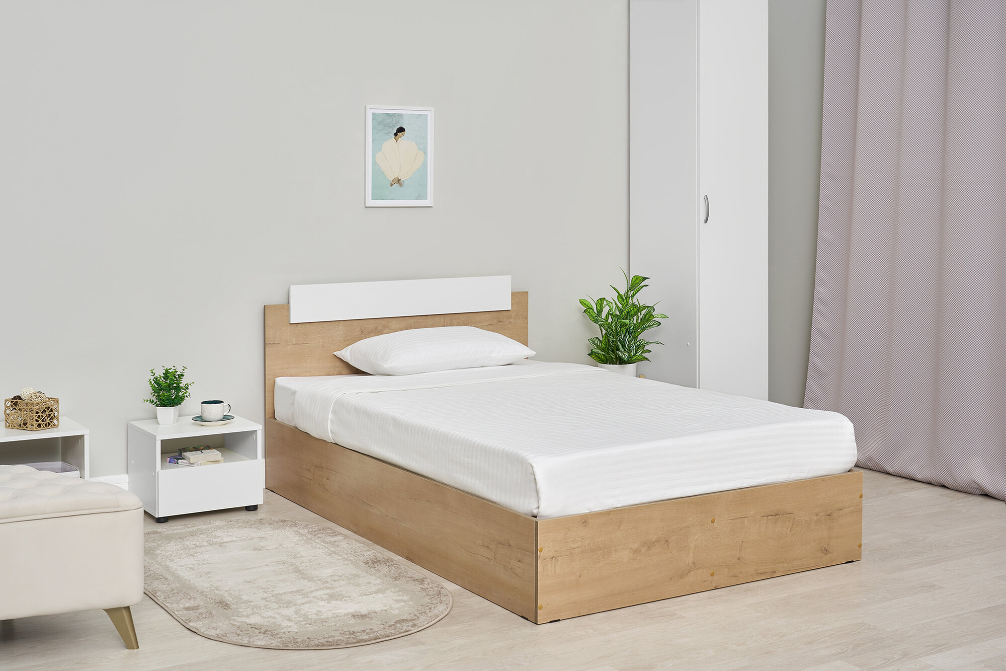 Кровать односпальная 120х200 см, Эко, 123.7х203.7х85 см, ЛДСП, Белый / Дуб вотан