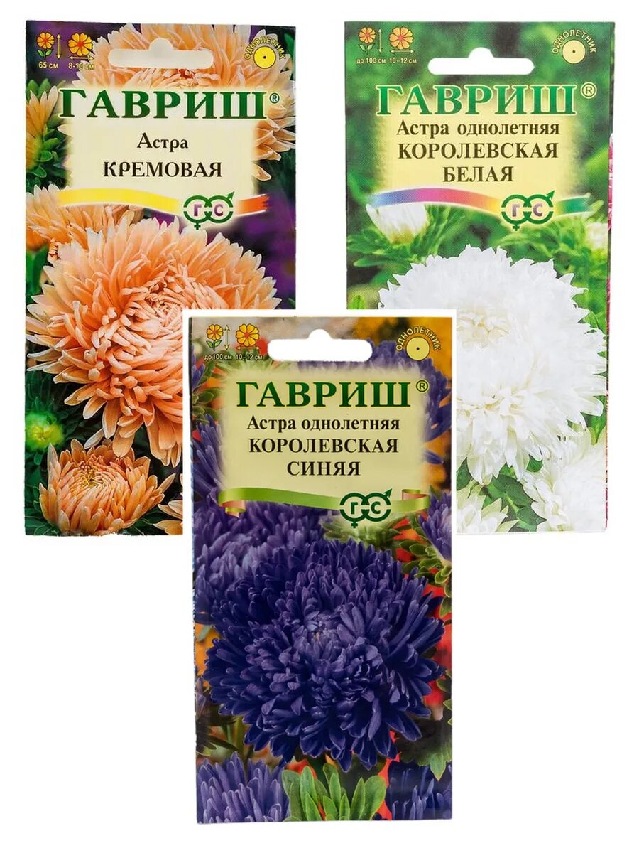 Набор семян Астра Кремовая, Королевская Белая и Королевская синяя