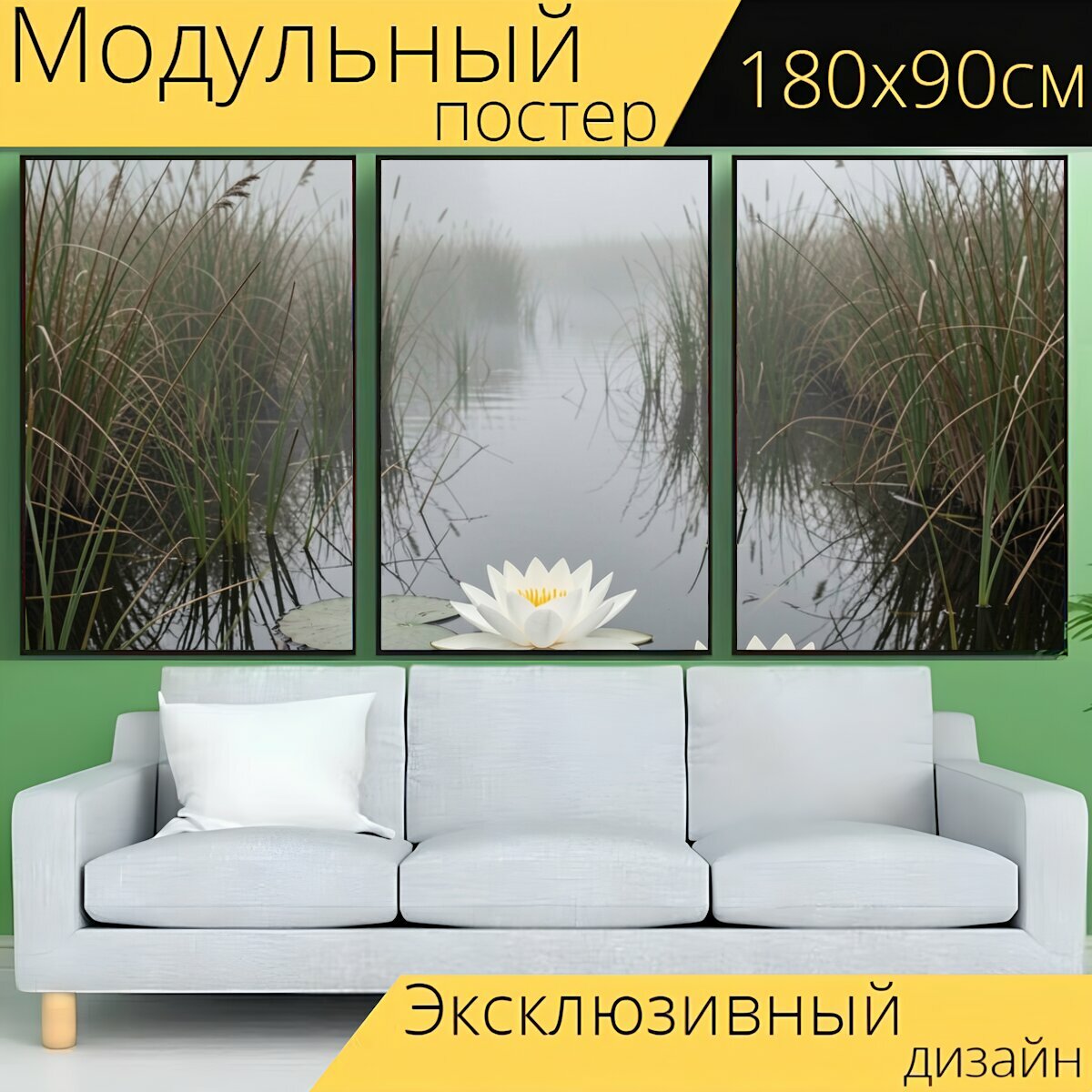 Модульный постер "Белые кувшинки в туманном болоте. Нежные водяные лилии на спокойной глади среди камыша и тростника, утренний туман." 180 x 90 см. для интерьера на стену в тубусе