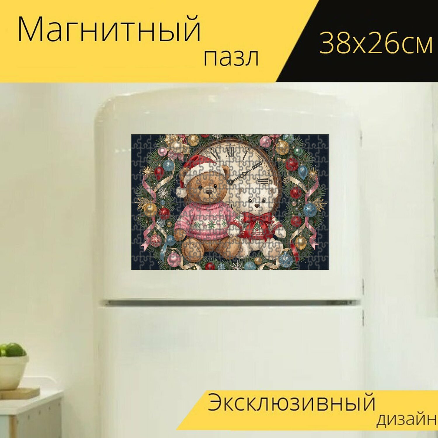 Магнитный пазл "Новогодние мишки у часов. Милые плюшевые медвежата в зимних свитерах и шапке Санты сидят в еловом венке с елочными шарами, лентами и." для интерьера, 38х26 см.
