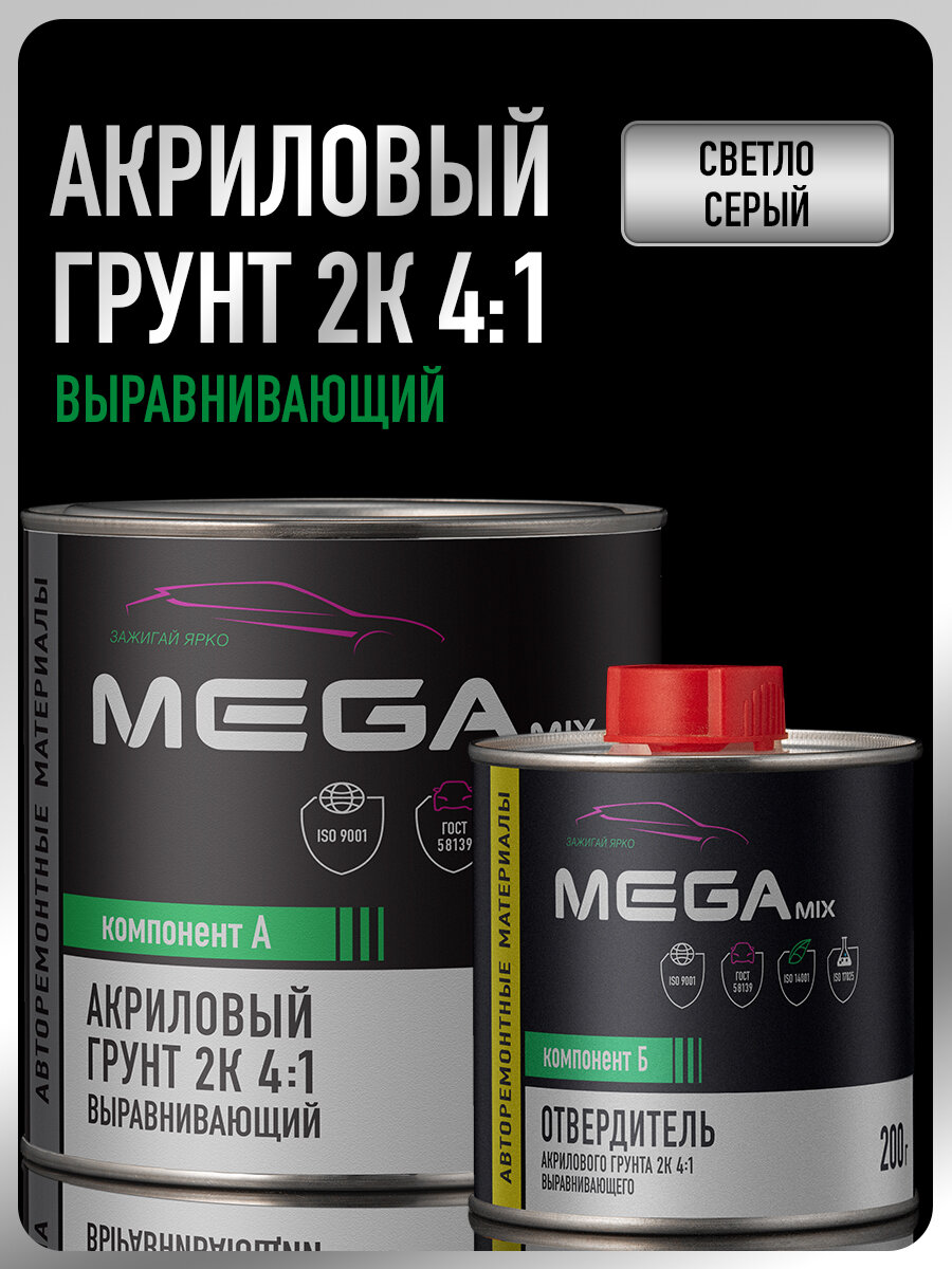 Грунт акриловый автомобильный 2К, выравнивающий 4:1, светло-серый, Комплект (грунт: 800 г + отвердитель: 200 г), MEGAMIX