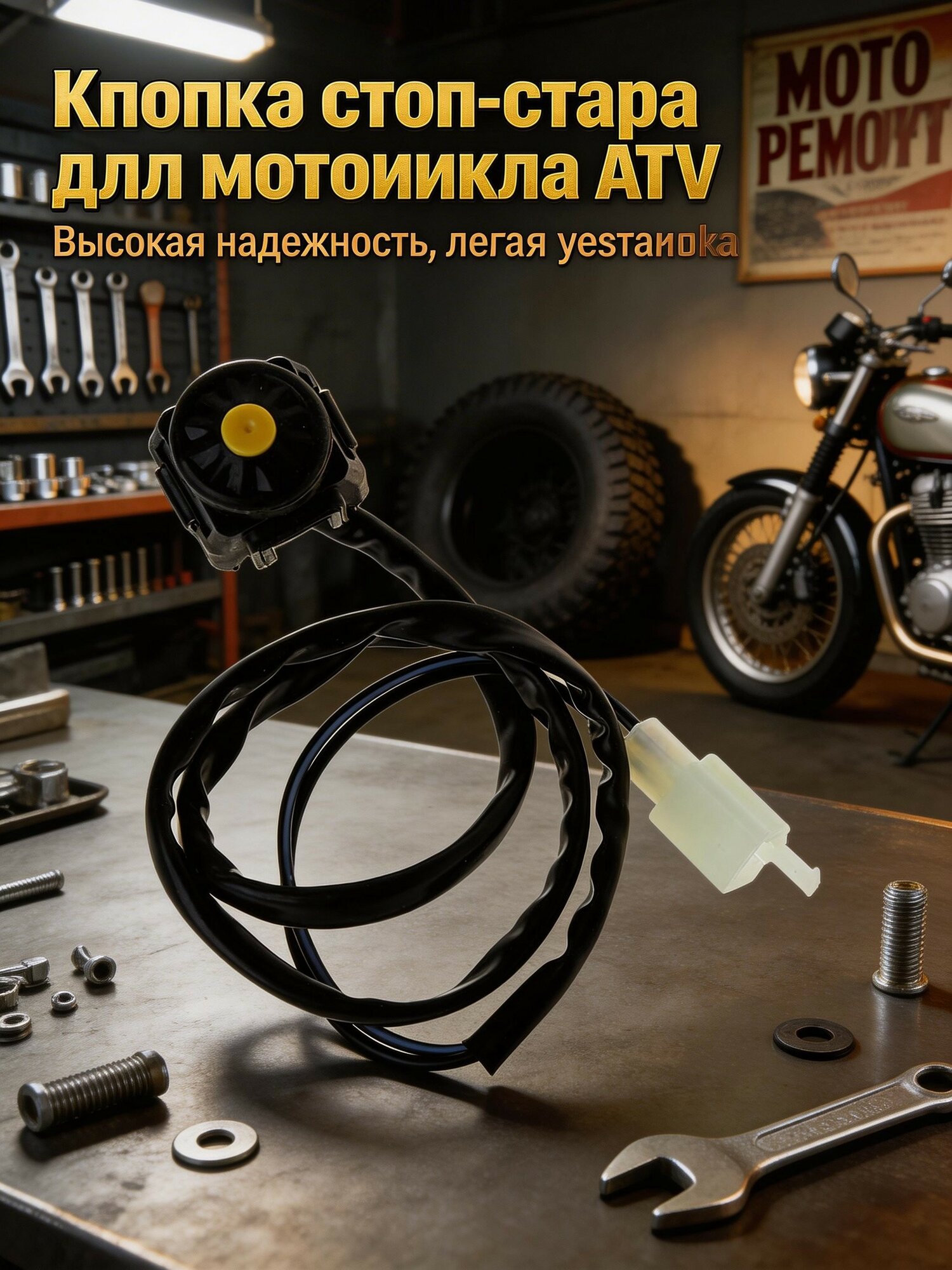 Переключатель стоп-старта для мотоцикла и ATV, универсальная кнопка на руль с креплением 22 мм черный корпус с желтой кнопкой