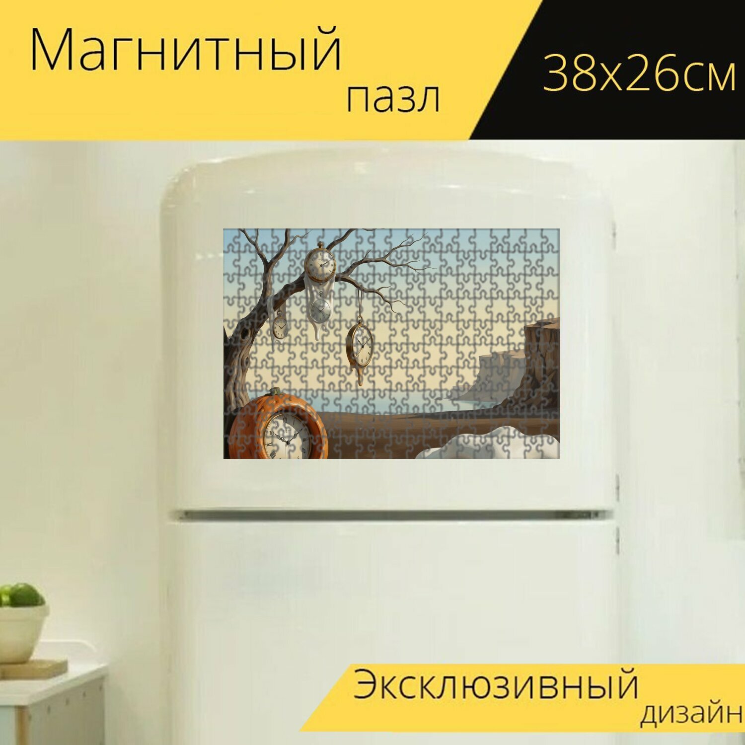 Магнитный пазл "Сюрреалистичные часы на дереве. Фантазийная пустынная сцена с тающими циферблатами на ветвях, тыквой с механизмом, белой аморфной формой." для интерьера, 38х26 см.