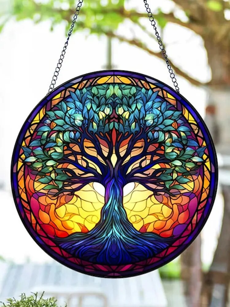 Подвеска из витражного стекла, дерево жизни, солнечный ловец 15 см, панель из стекла, декор дома
