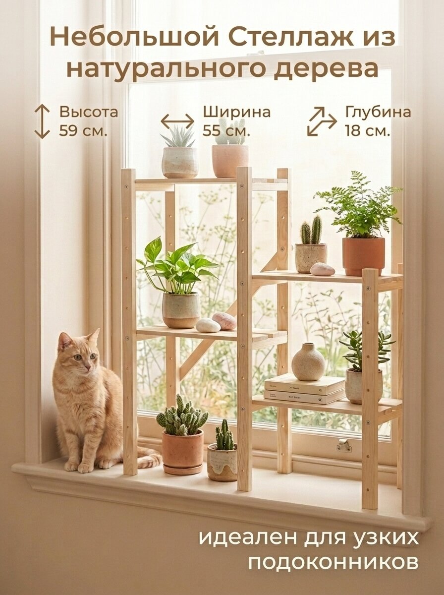 Стеллаж деревянный для цветов и рассады на подоконник, 66х86х18 см. 2 секции.