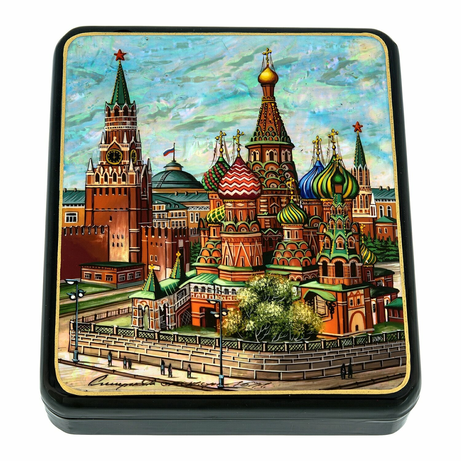 200406 шкатулка с росписью " москва. Храм Василия Блаженного"лето, перламутр,13*15*4,5 см