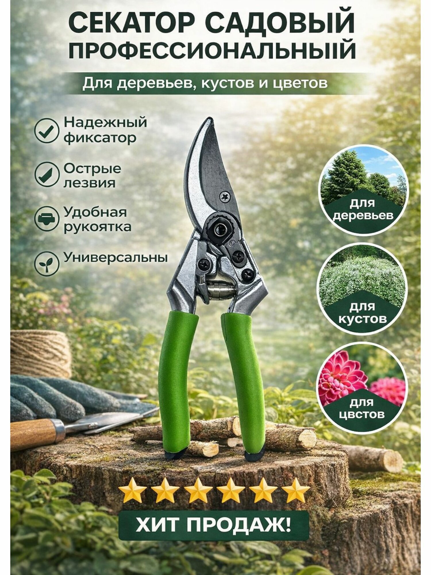 Секатор садовый профессиональный, усиленные стальные лезвия, для обрезки деревьев, кустов и цветов