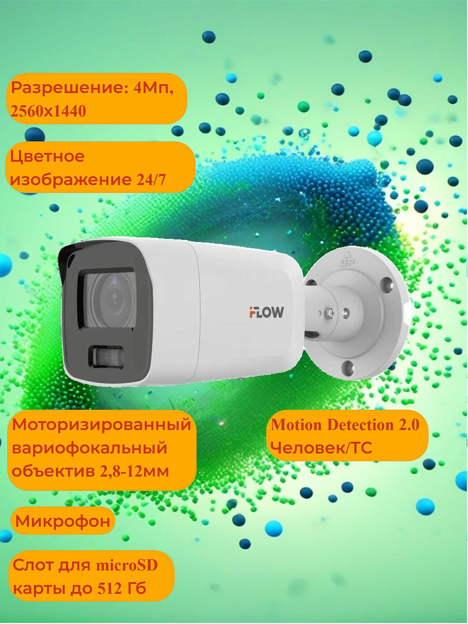 Камера iFLOW F-IC-1642CMZ4(2.8-12mm), 2 типа подсветки (ИК+LeD), микрофон, слот под карту памяти