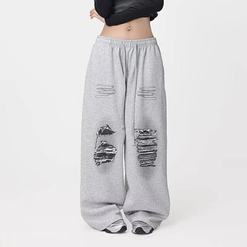 Брюки спортивные женские серые, рваные, XXL