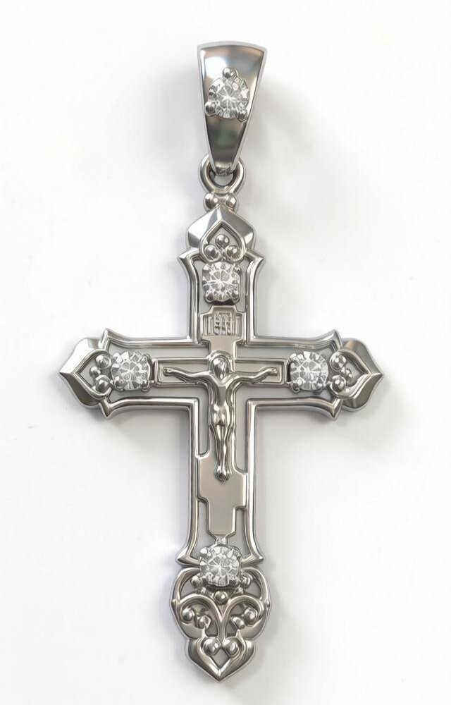 Крестик, серебро, 925 проба, родирование, фианит