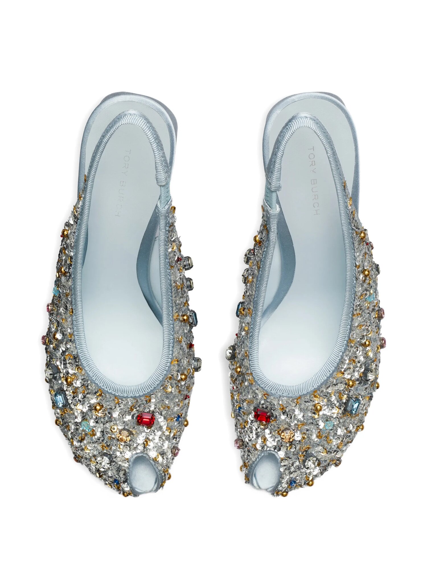 Туфли Tory Burch Peep-toe embellished slingback pumps, размер 10.5, Silver — фото 1