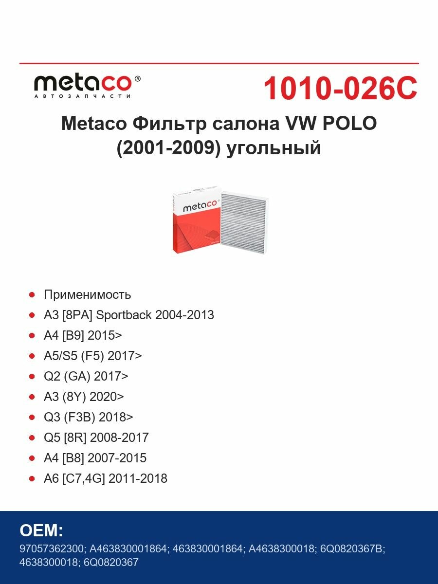 Metaco Фильтр салона VW POLO (2001-2009) угольный