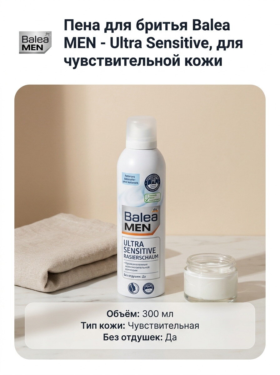 Пена для бритья Balea MEN - Ultra Sensitive, для чувствительной кожи, 300 мл, 1 шт