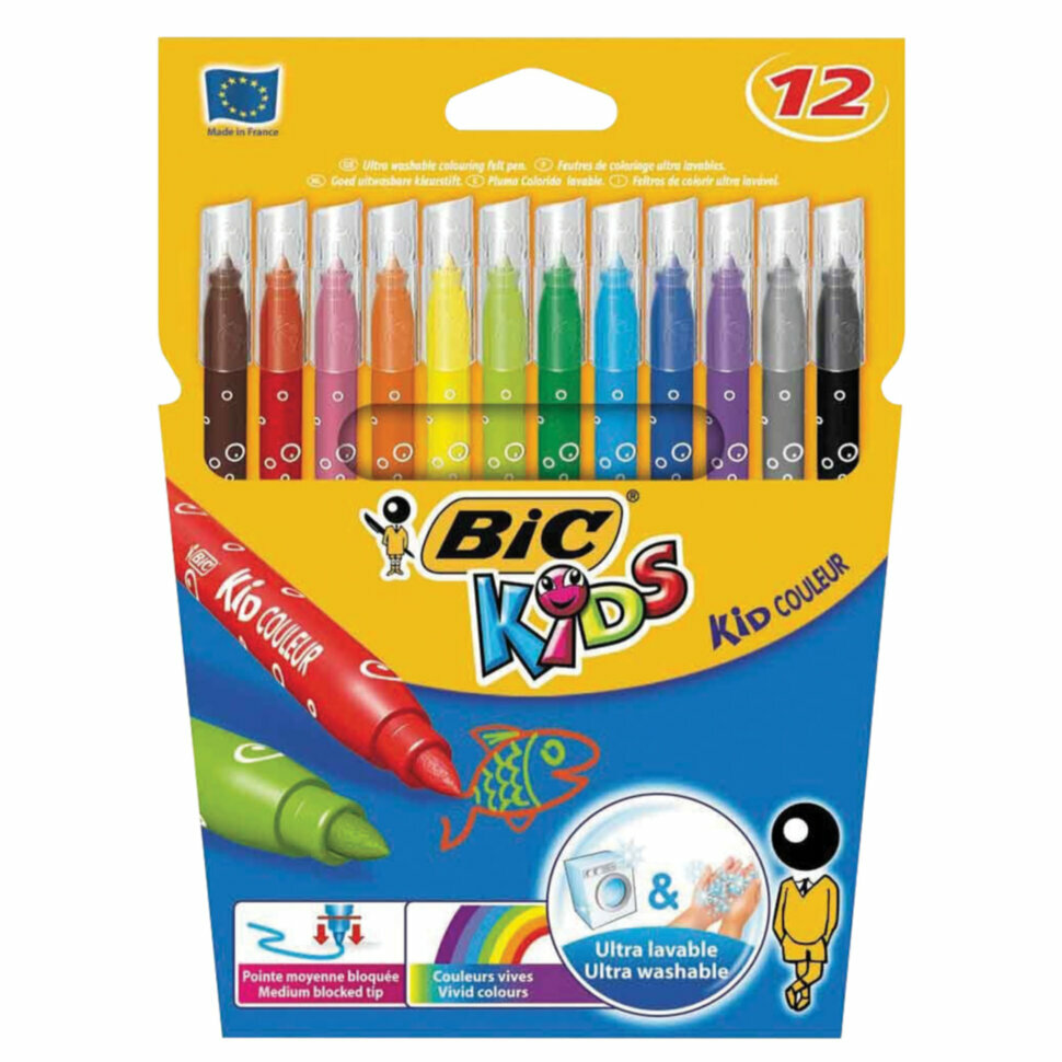 Фломастеры BIC "Kid Couleur", 12 цветов, суперсмываемые, вентилируемый колпачок, европодвес, 9202932, 150647