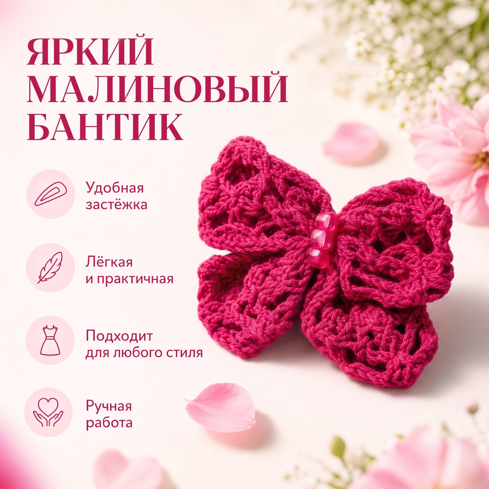 Малиновая вязаная заколка-бантик