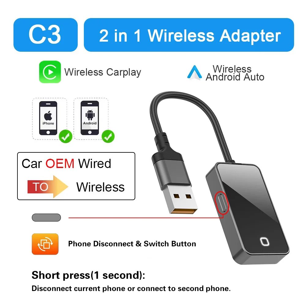 Беспроводной адаптер CarPlay/Android Auto с кнопкой USB