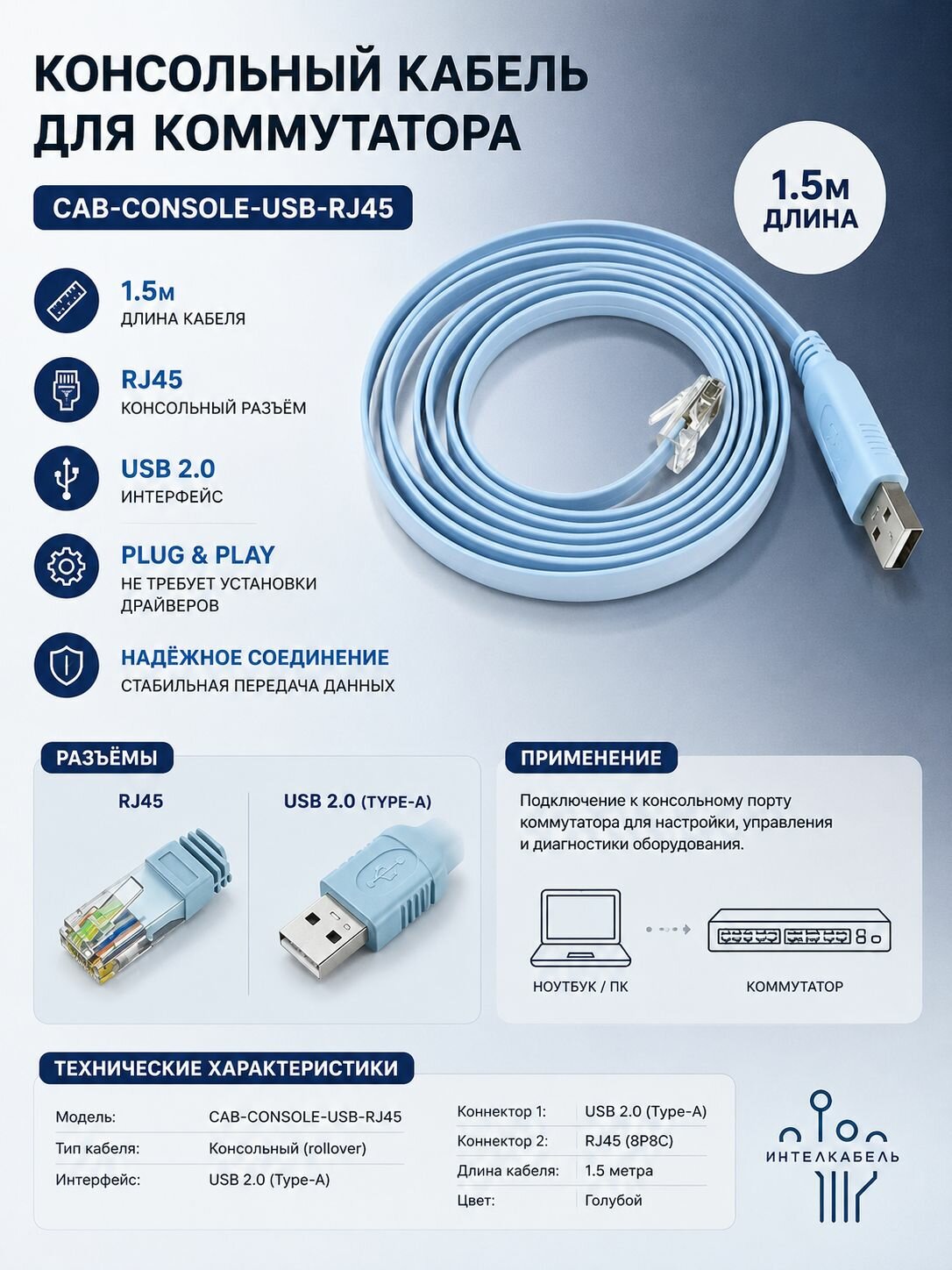 Консольный кабель для коммутатора Console Cabel CAB-CONSOLE-USB-RJ45 1.5 м