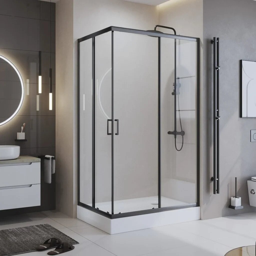 Душевой уголок BelBagno Uno -195 AH 2 120/100 C Nero профиль черный, стекло прозрачное, UNO-195-AH-2-120/100-C-NERO