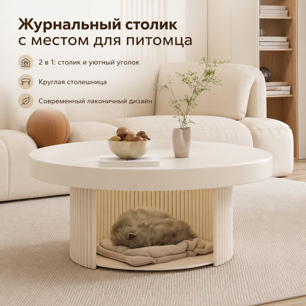 Столик журнальный, шпон, металл, овальный, 75 см x 75см x 40см, белый