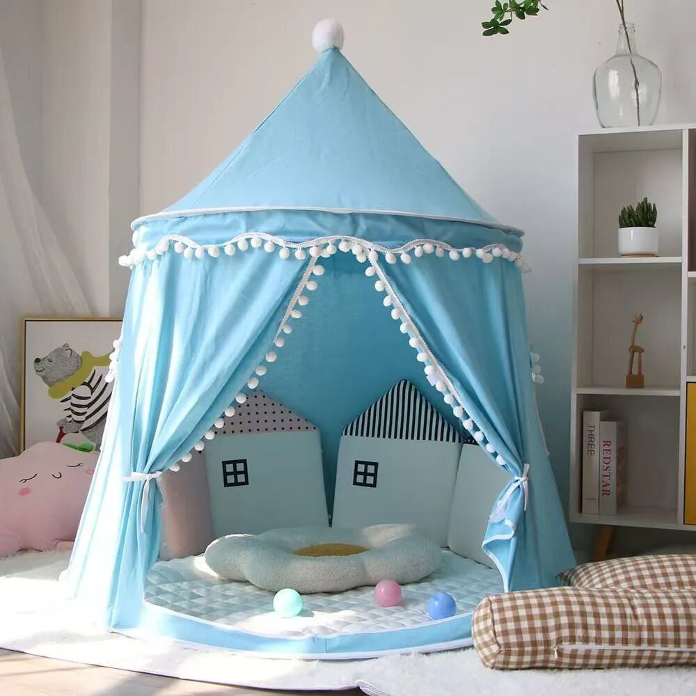 Детская игровая палатка-юрта из хлопка и льна, светло-голубая, с сумкой для хранения