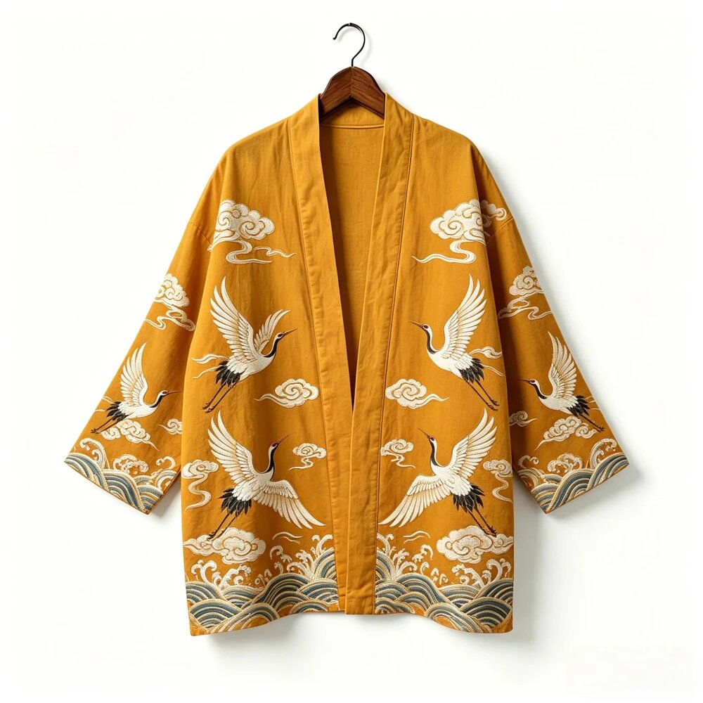 Желтое кимоно "Облака и журавли" Haori Jacket4