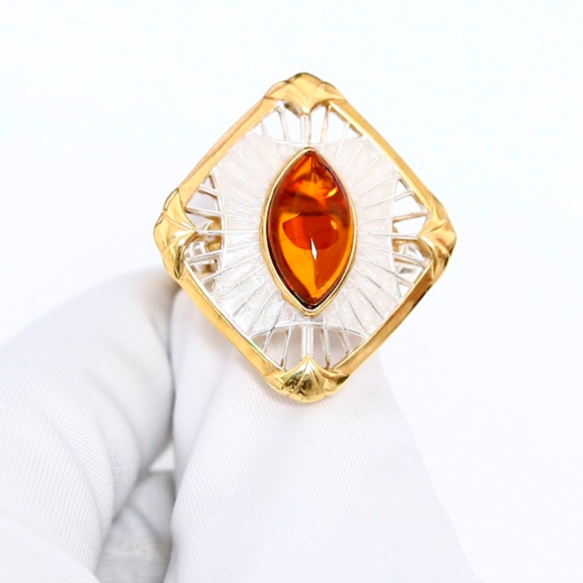 Кольцо, серебро, 925 проба, золочение, эмаль, янтарь